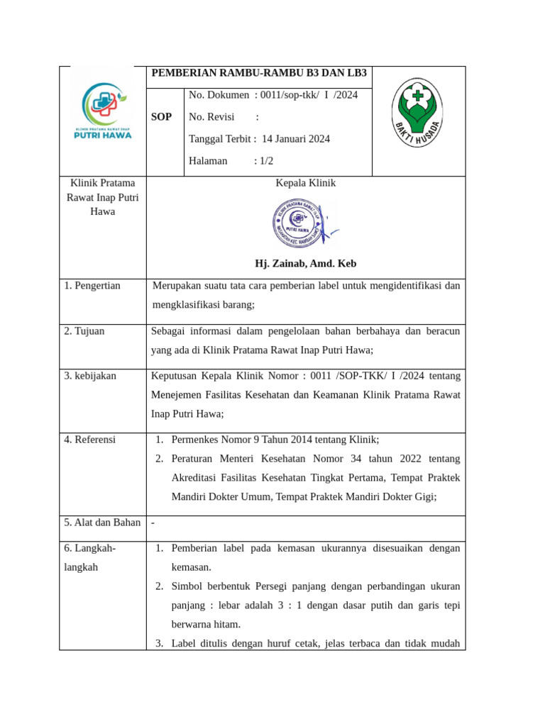 Sop Pemberian Rambu-Rambu B3 Dan LB3 Klinik Putri Hawa | PDF