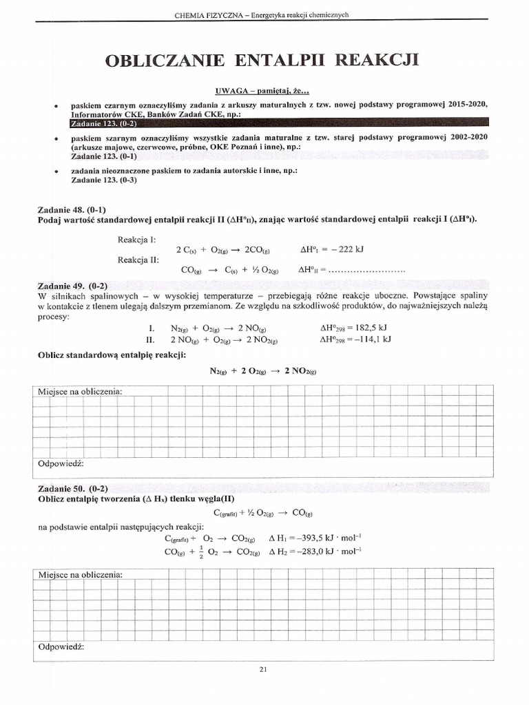 Obliczanie Entalpii Reakcji - Witowski Chemia 2 2021 | PDF