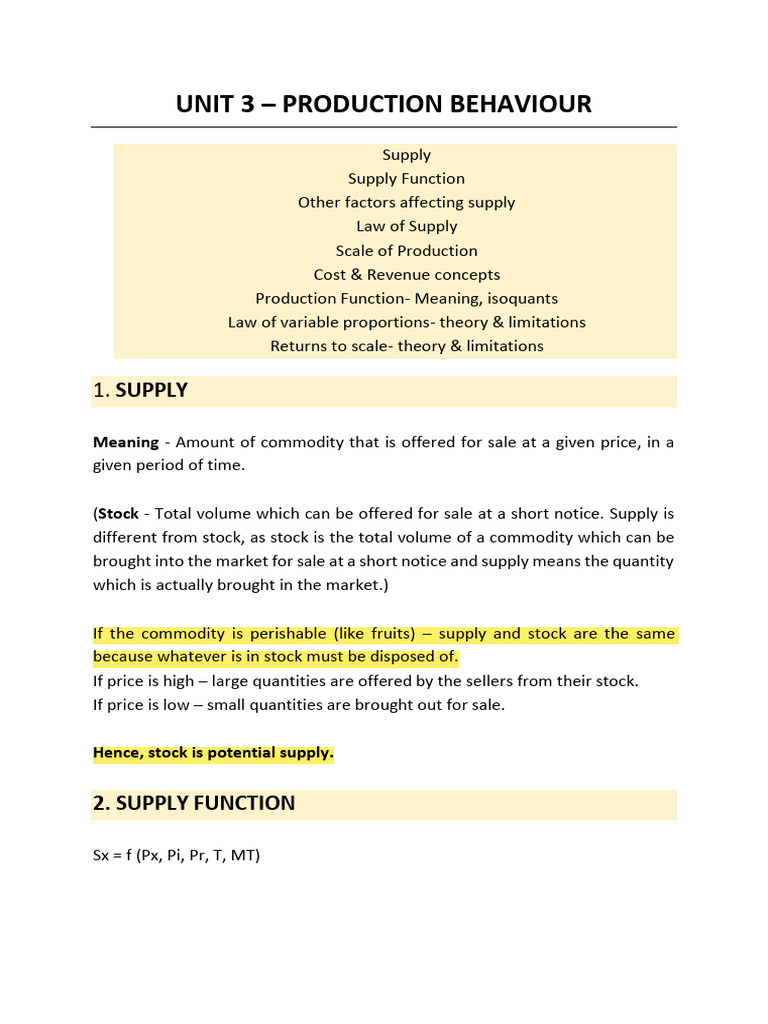 UNIT 3 SUPPLY | PDF | Supply (Economics) | Economies Of Scale