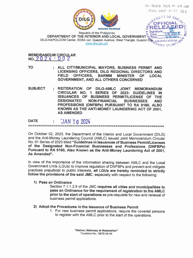002 Reiterating DILG - AMLC JMC No. 01 Series of 2023 GUIDELINES IN ...