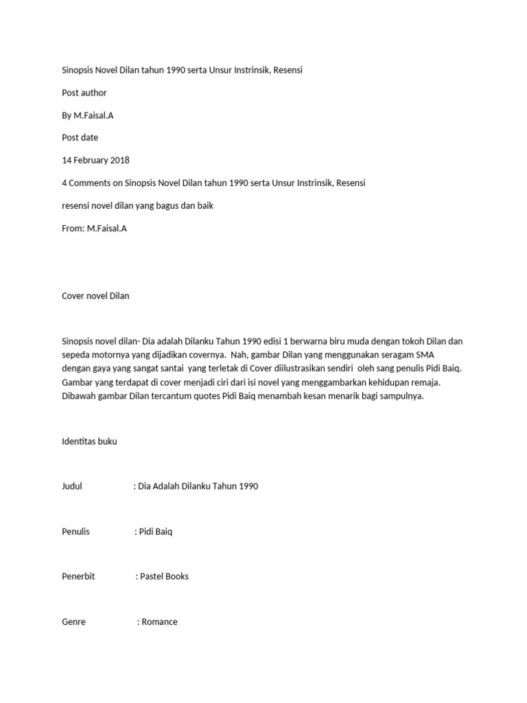 Sinopsis Novel Dilan 1990 (M.Faisal) | PDF