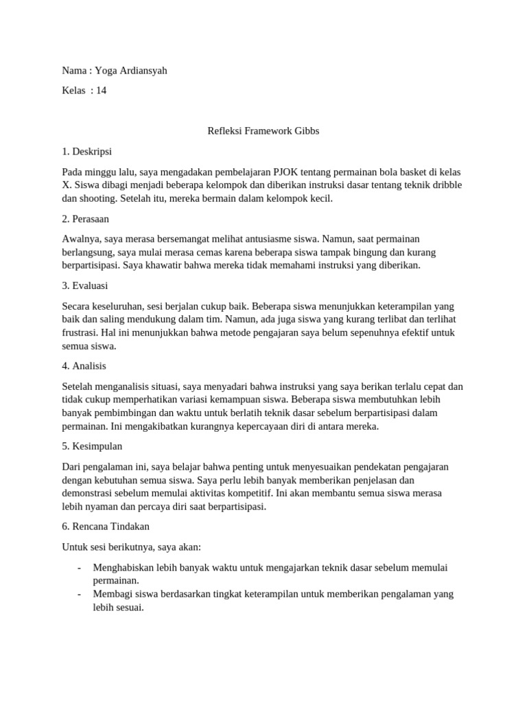 Tugas 1.1.d.2. Refleksi Framework Gibbs (Yoga Ardiansyah) | PDF | Karier & Perkembangan ...