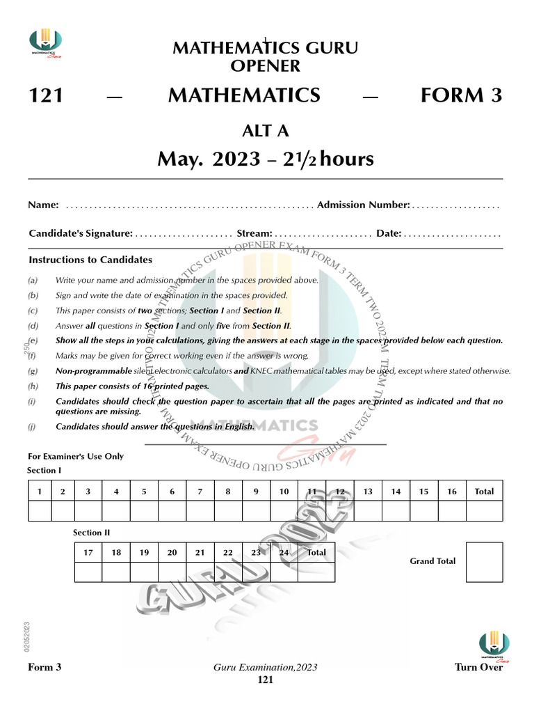 Guru Mathematics Opener Form 3 For Term 2 May 2023 | PDF | Mathematics