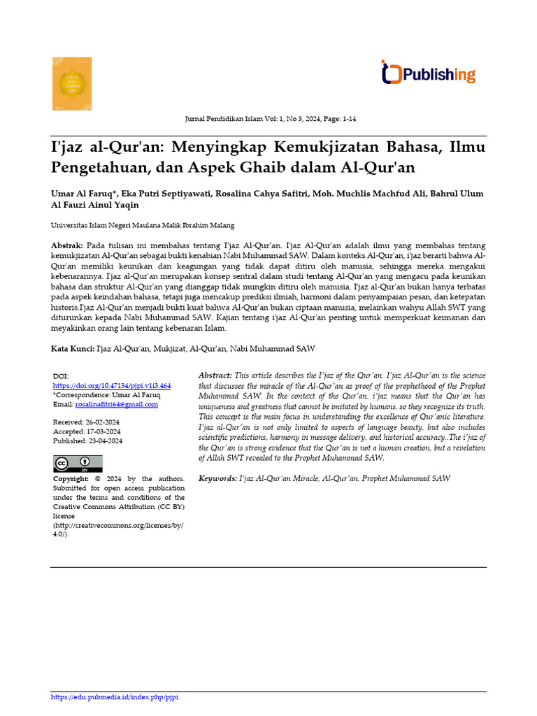 Ijaz Al-Quran Menyingkap Kemukjizatan Bahasa, Ilmu Pengetahuan, Dan Aspek Ghaib Dalam Al-Quran | PDF