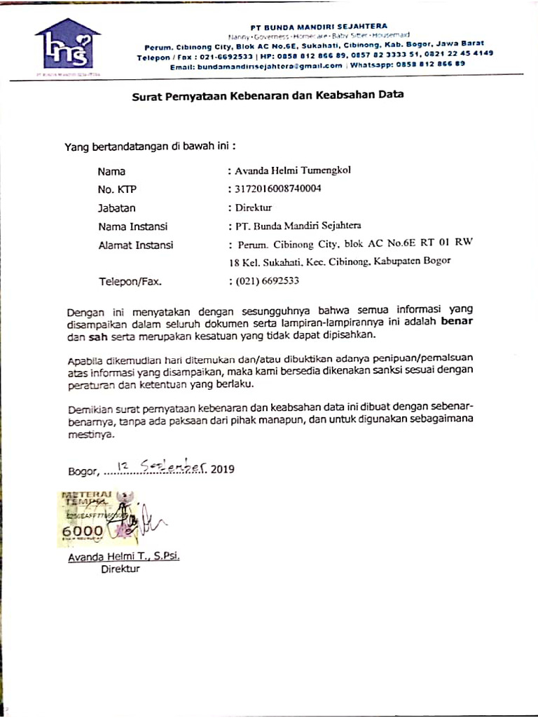 Surat Pernyataan Keabsahan Data-2019 | PDF