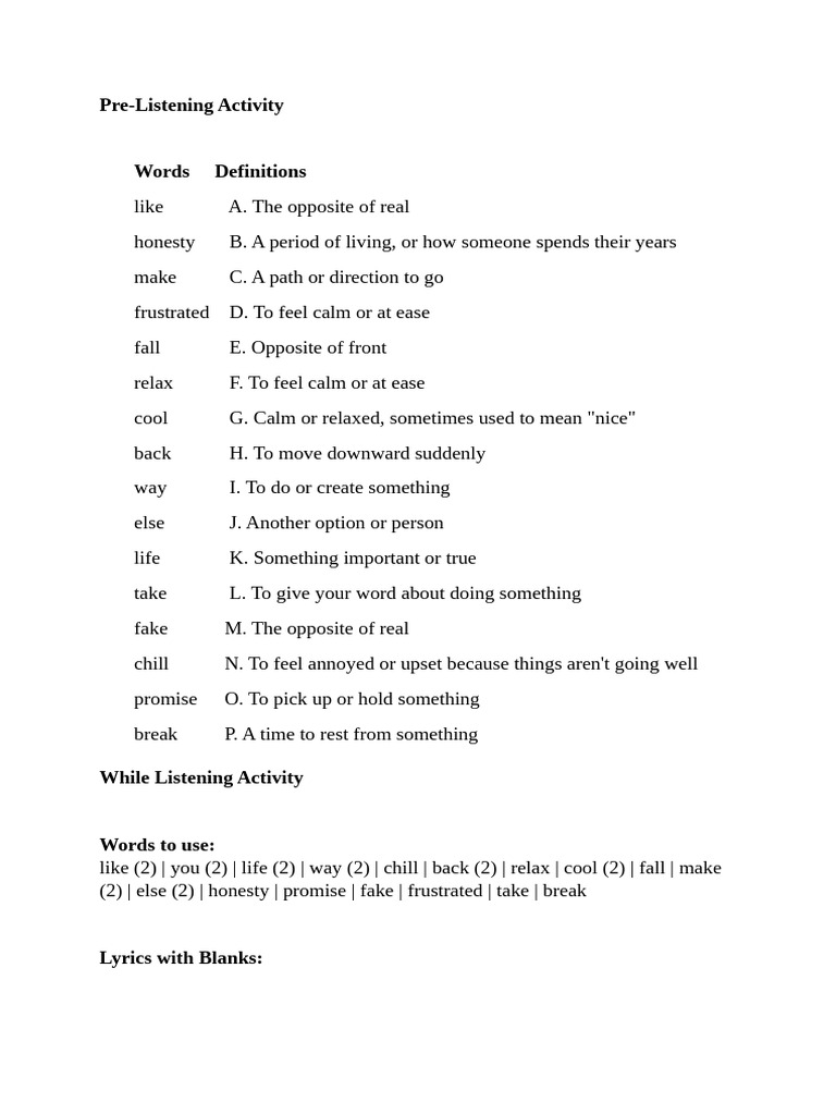 Engaging Listening Activity with Lyrics | PDF