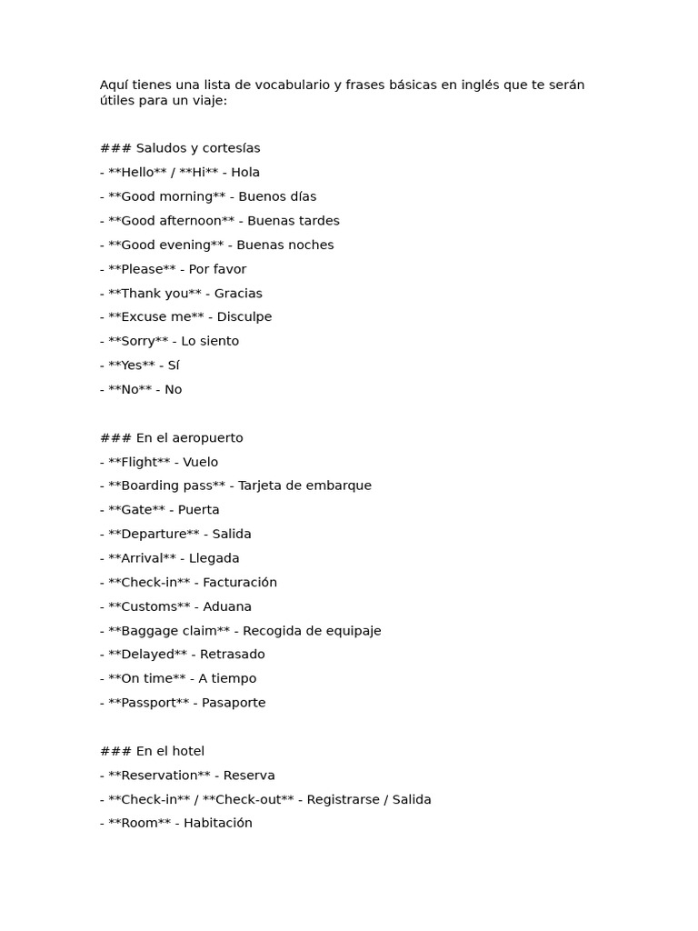 Vocabulario Basico en Ingles para Viajes | PDF