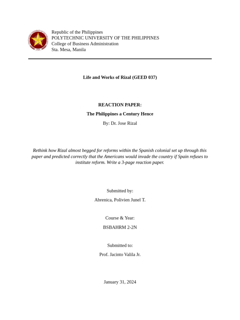 Activity 5 Reaction Paper in The Philippines A Century Hence | PDF ...