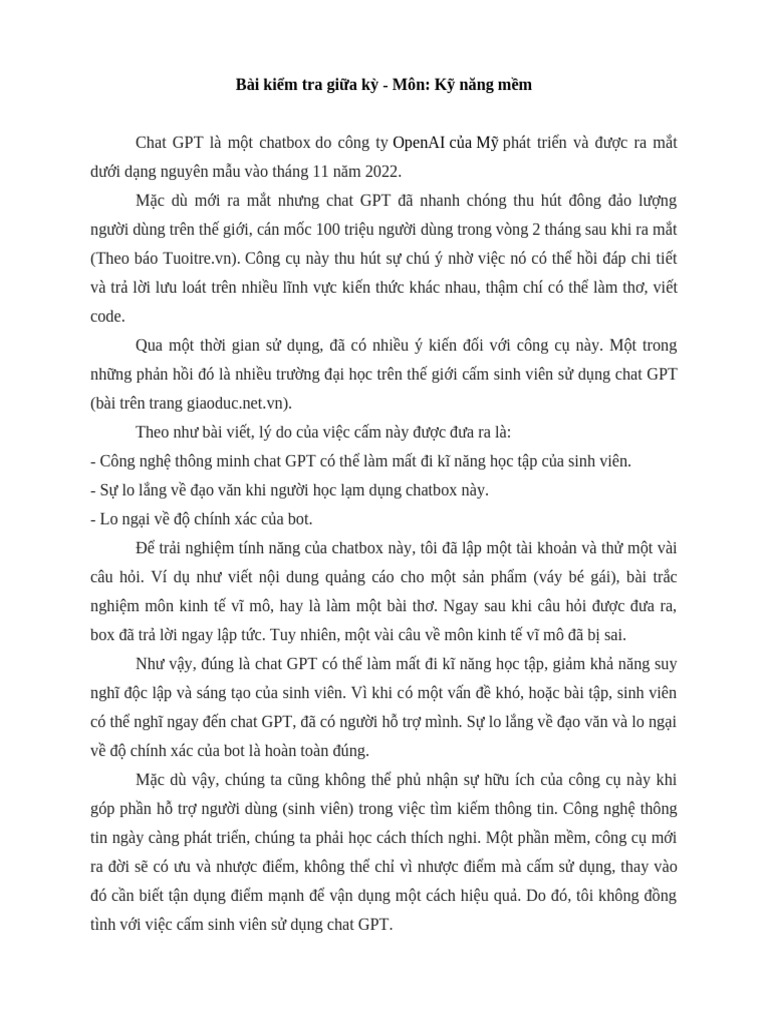 Cau 1 Bai Kiem Tra Giua Ky Ky Nang Mem 1 | PDF