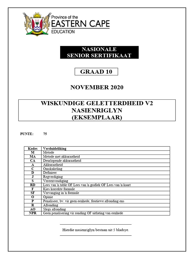 MATHS LIT P2 GR10 MEMO NOV2020 - Afrikaans | PDF