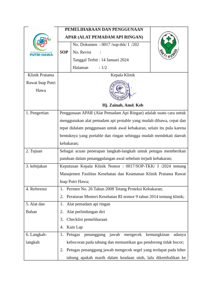 Sop Pemeliharaan Dan Penggunaan Apar | PDF