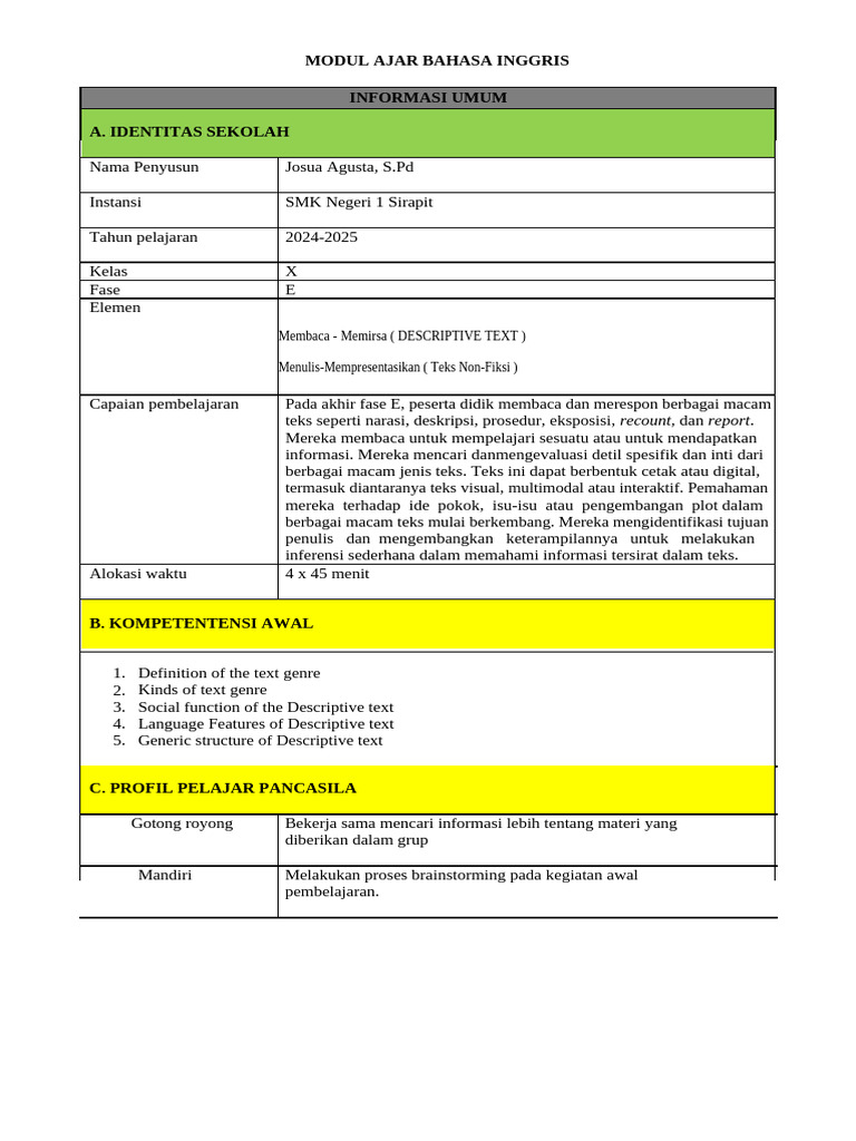 Modul Ajar Kelas X - Descriptive Text - OK | PDF