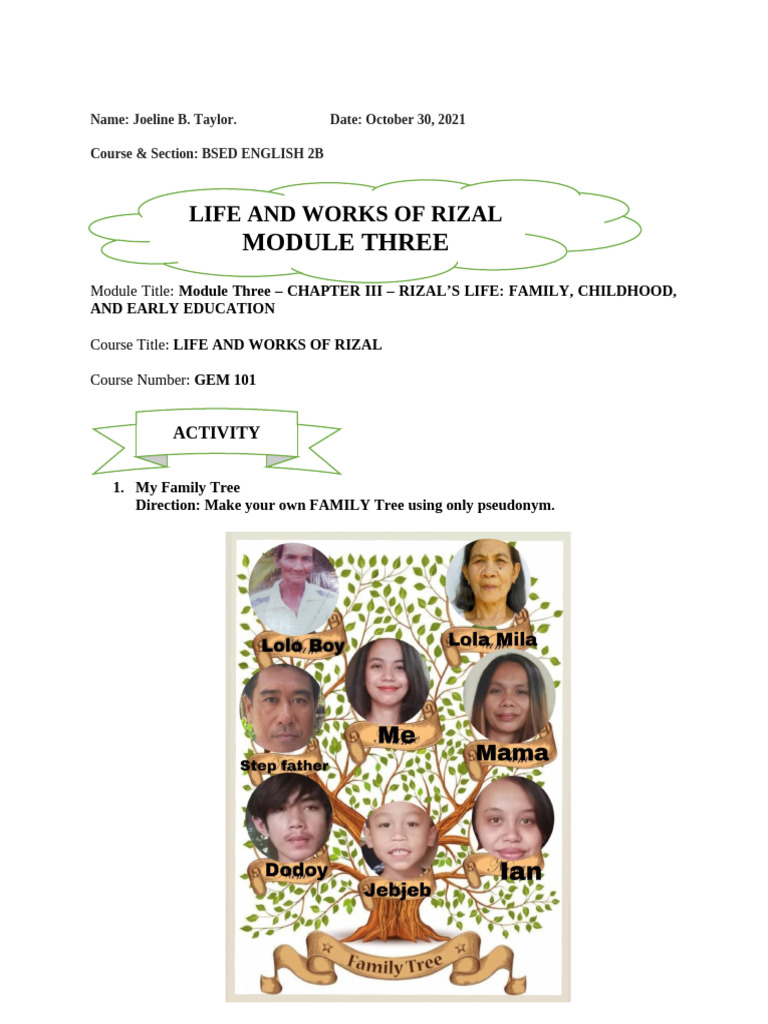 3Life&WorkofRizal Mod3 JoelineTaylor | PDF | Cognition | Psychology