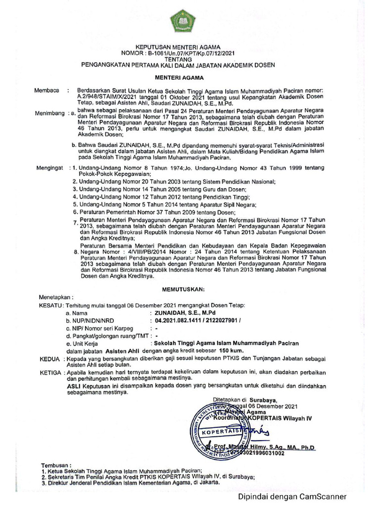 Sk. Jabfung Zunaidah-Dikompresi | PDF