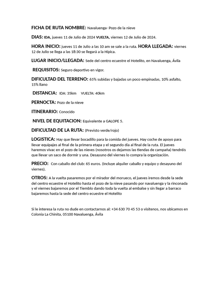 Ficha de Ruta A Caballo Dia y Medio Rodrigo Martín, Guzmán y Rodrigo ...