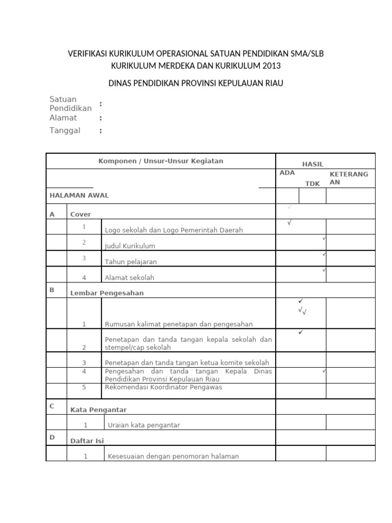 Instrumen Verifikasi Dok. 1 K-13 Dan KSP Merdeka 2024 | PDF