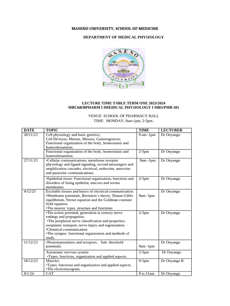 Lecture Time Table MBS PMB 101 Term One 2024 | PDF | Cell Signaling | Nervous System