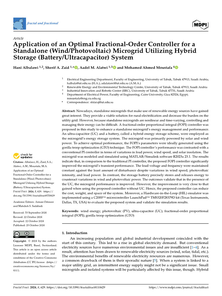 Application of An Optimal Fractional Order Controller-HRES | PDF | Energy Storage | Photovoltaics