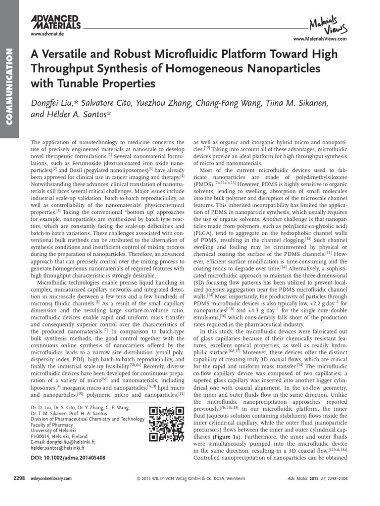 A Versatile and Robust Microfluidic Platform Toward High Throughput Synthesis of Homogeneous ...