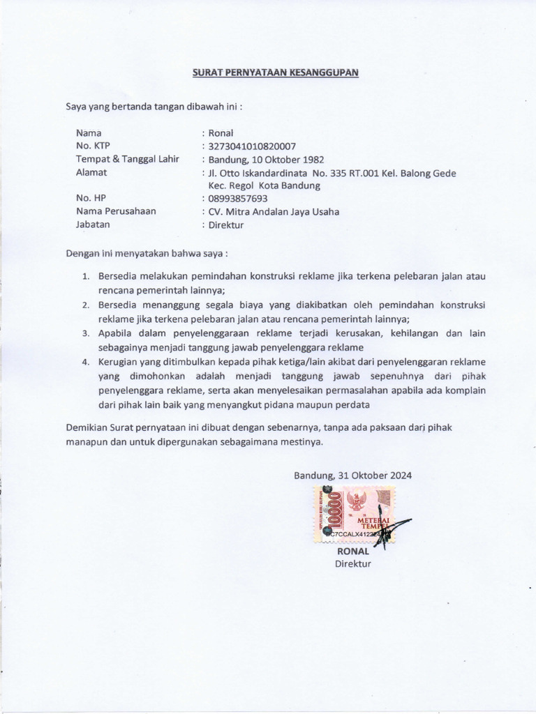 Surat Pernyataan Kesanggupan | PDF