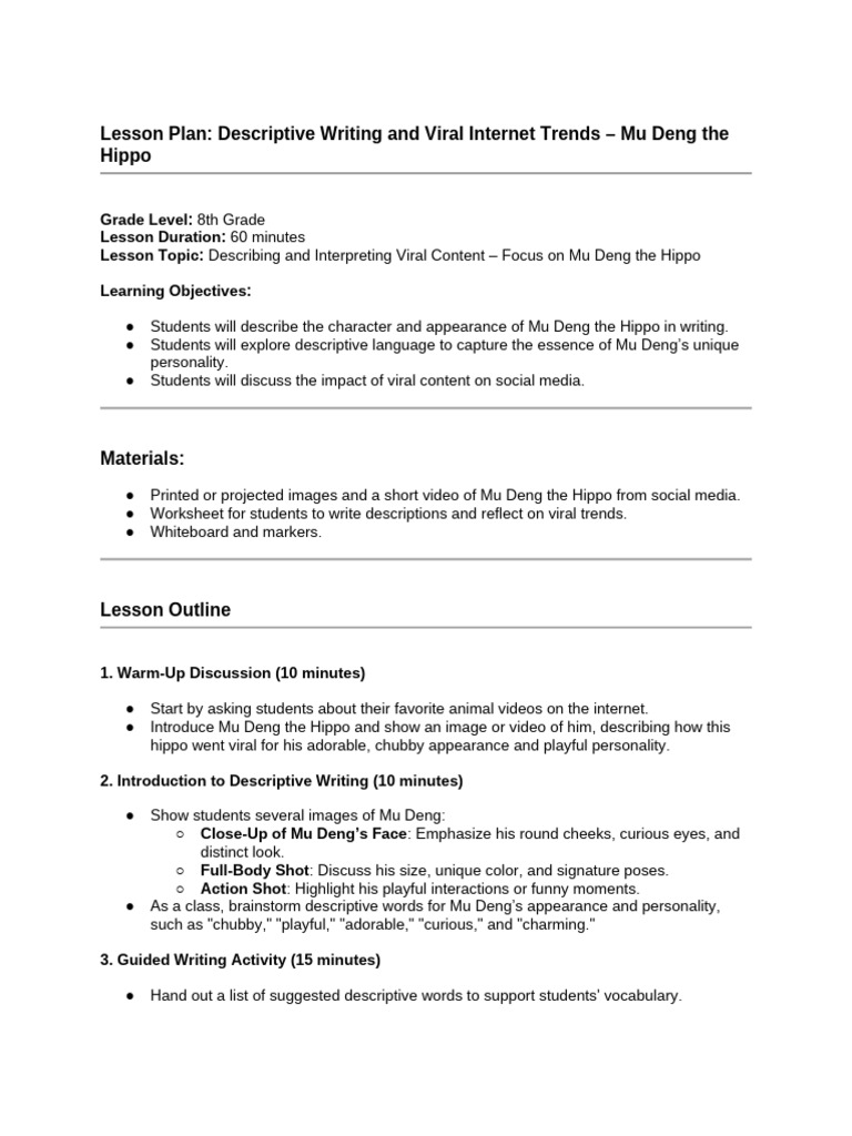 Lesson Plan - Descriptive Writing and Viral Internet Trends - Mu Deng ...