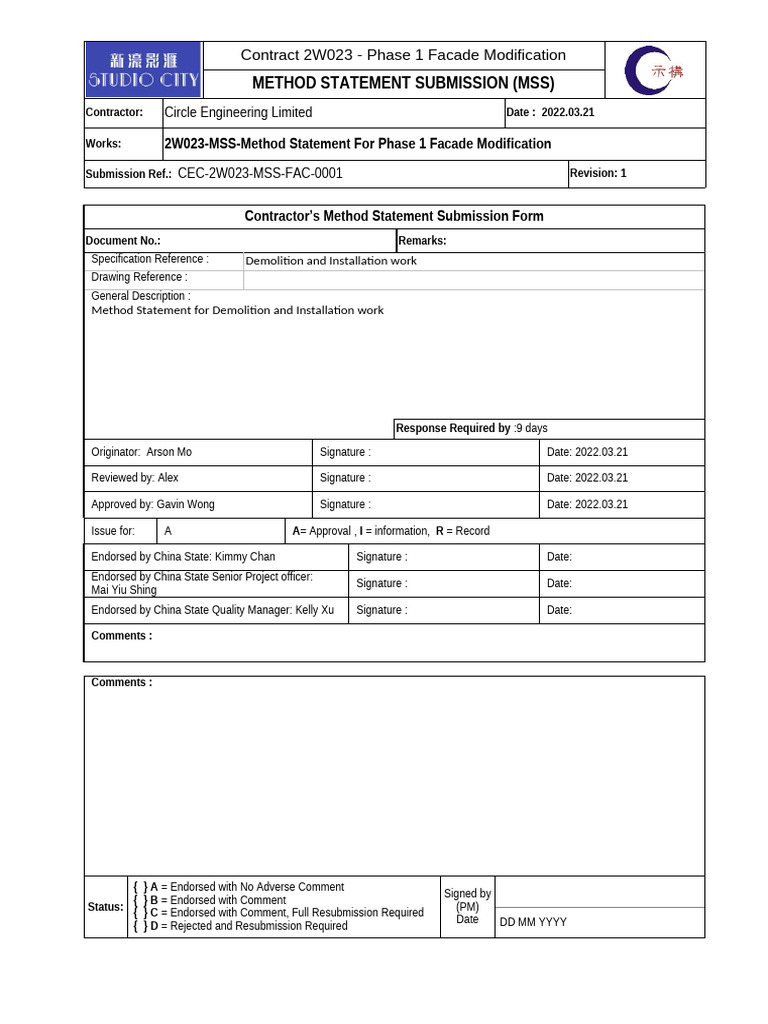 2W023-MSS-Method Statement For Phase 1 Facade Modification (Rev.3) | PDF | Drill | Grinding ...