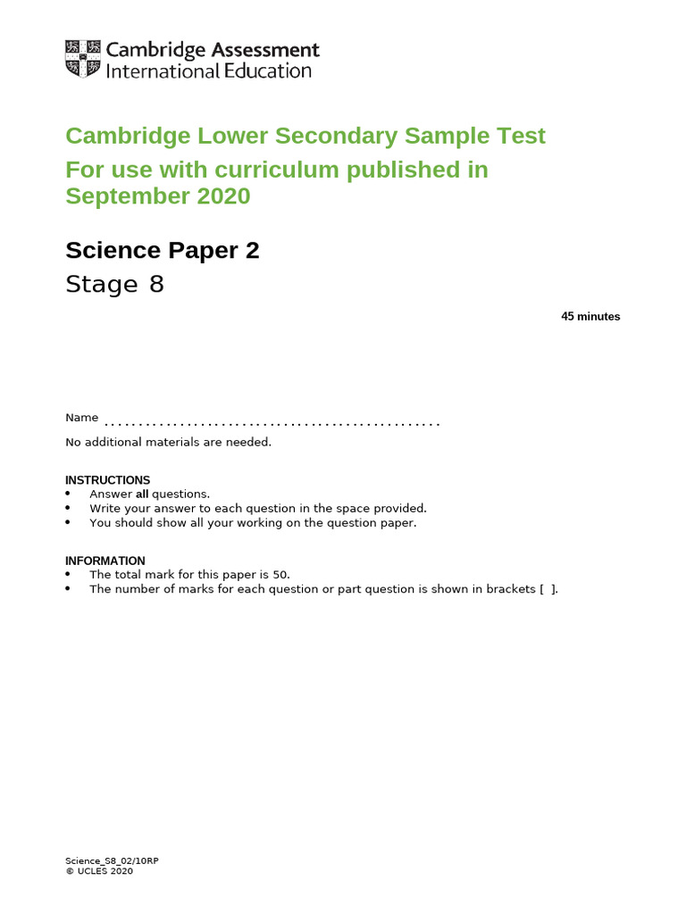 Cambridge Science Paper 2 2020 | PDF | Chemical Elements | Atoms