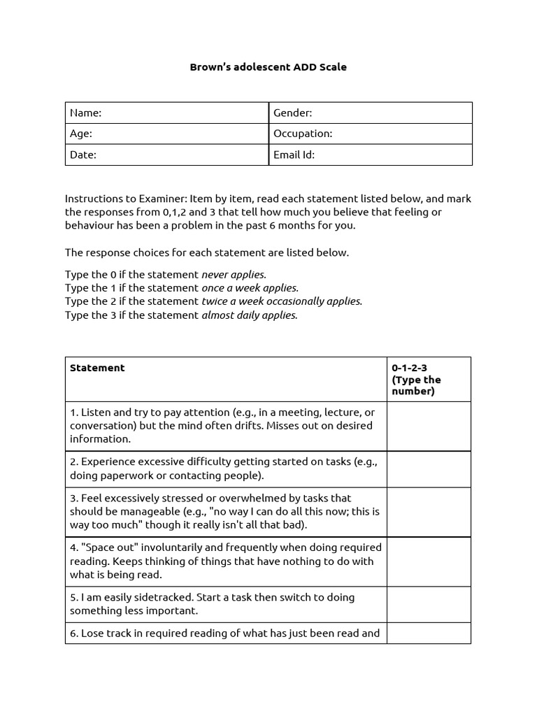 Brown's Adolescent ADD Scale Questionnaire | PDF | Psychology ...
