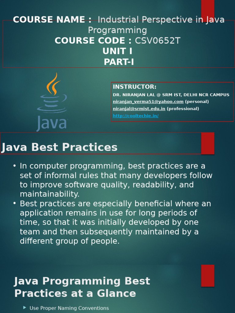 Industrial Perspective in Java Programming CSV0652T - Unit - 1 - Part - I - Raw | PDF | String ...
