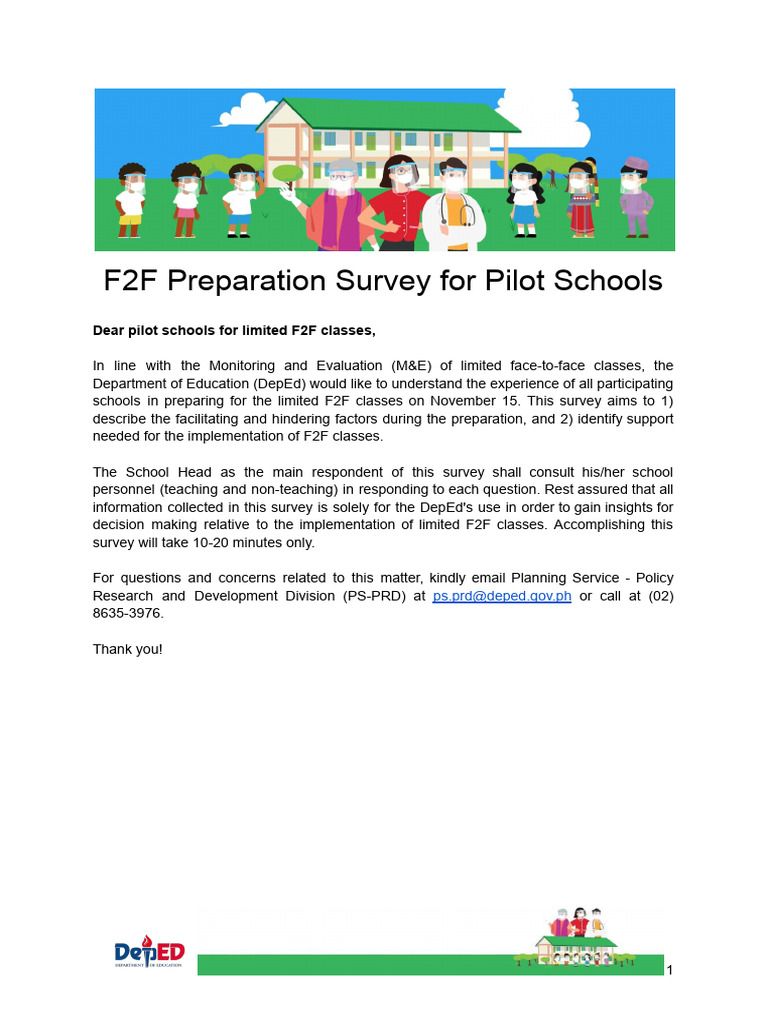 F2F Preparation Survey For Pilot Schools | PDF | Learning | Wash