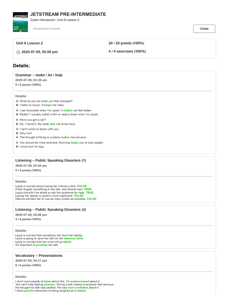 Pre-Intermediate Homework Results | PDF