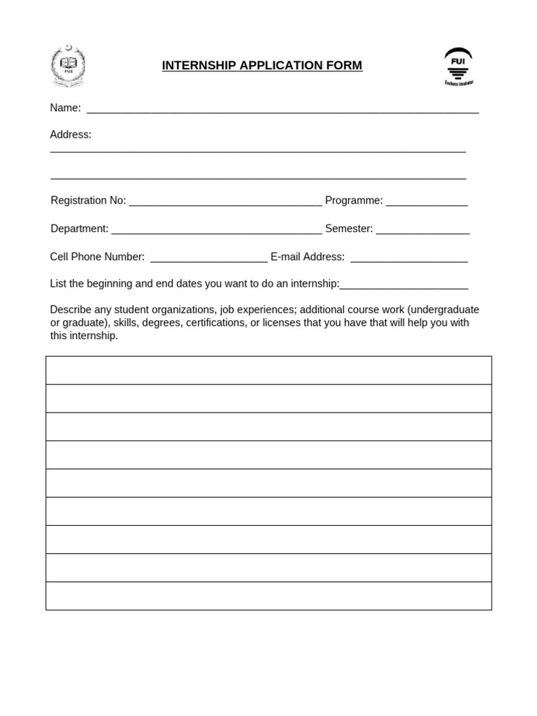 Internship Application Form Template Pdf Finance Money Management