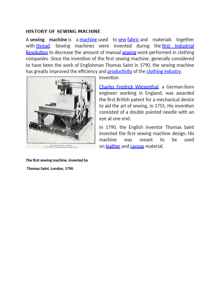 First Sewing Machine by Thomas Saint | PDF