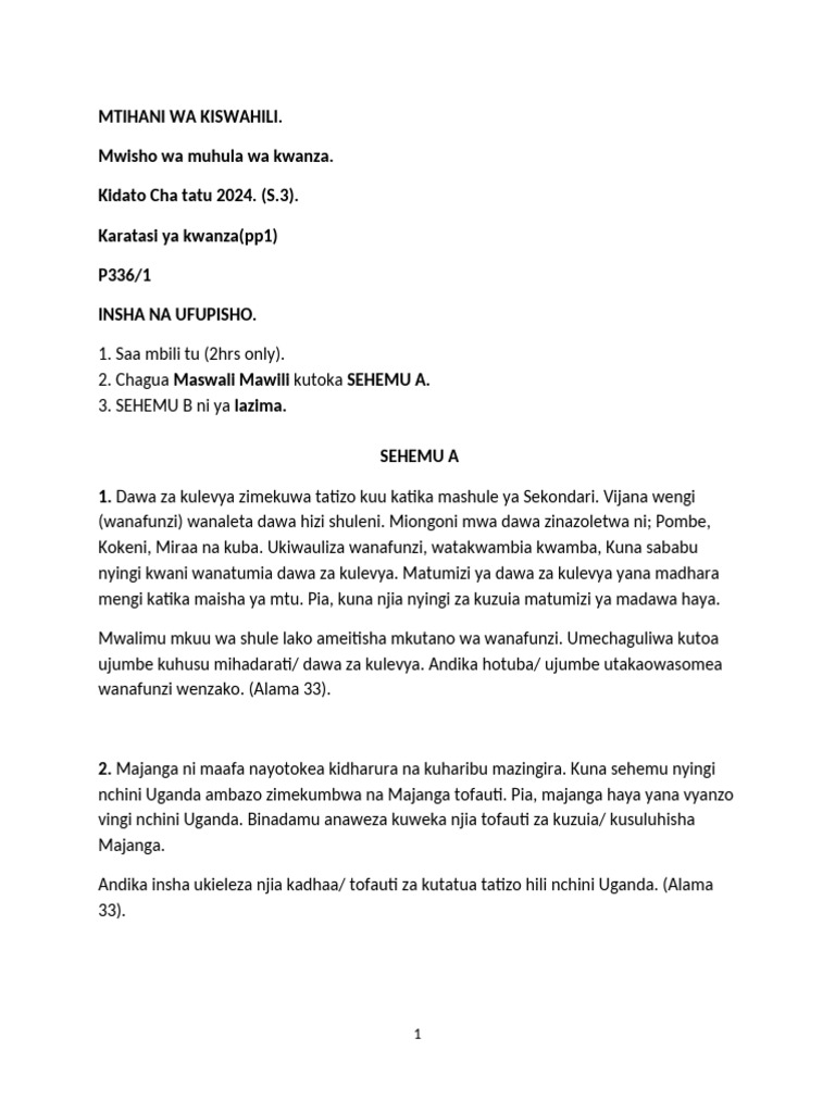 S.3 Kiswahili Pp1 EOT 1 2024 | PDF