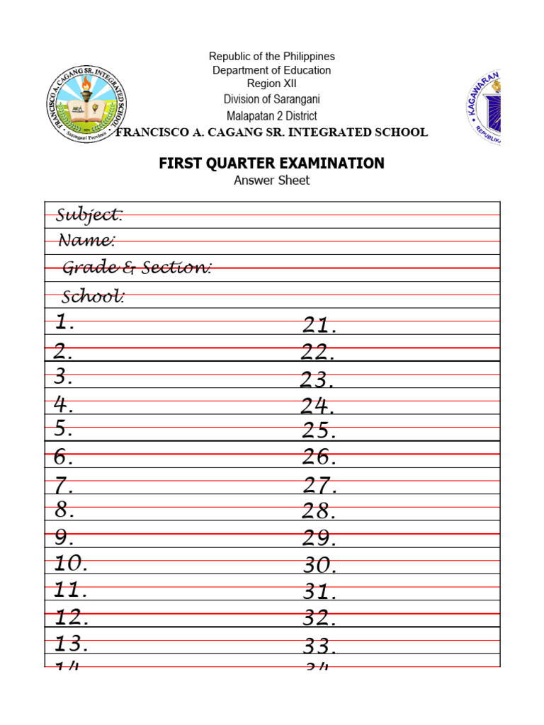 First Quarter Exam Answer Sheet | PDF