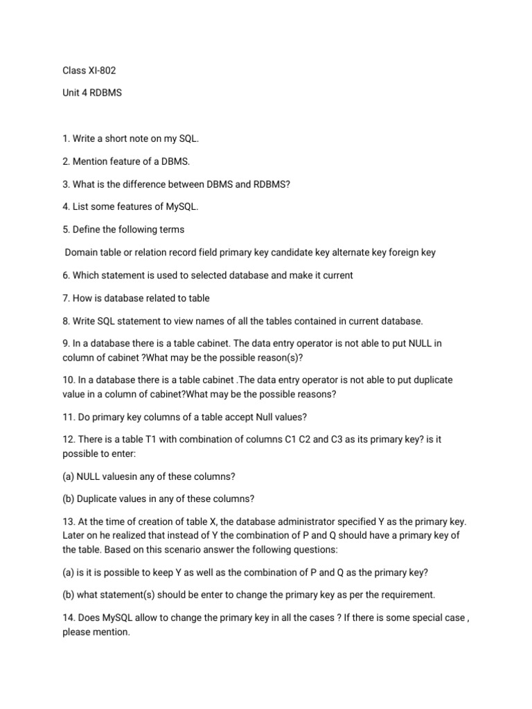 Class XI-802 - Unit 4 RDBMS | PDF