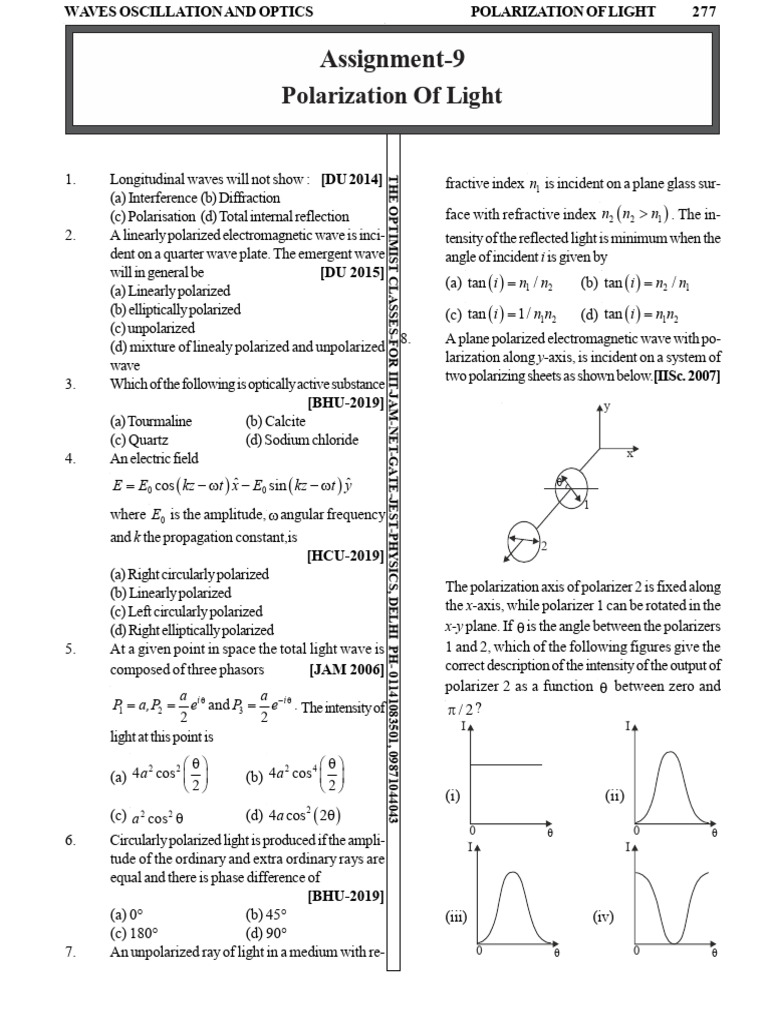 026015963b455-Assignment - 9 Polarization of Light | PDF | Polarization (Waves) | Optics