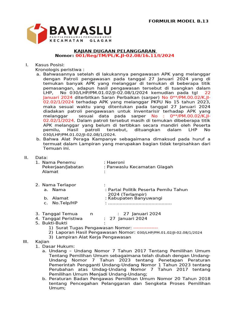 Kajian Formulir B.13 Glgah | PDF