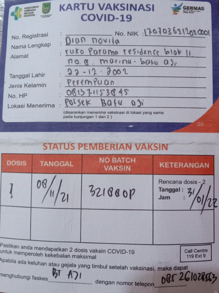 Contoh Kartu Vaksin DN | PDF