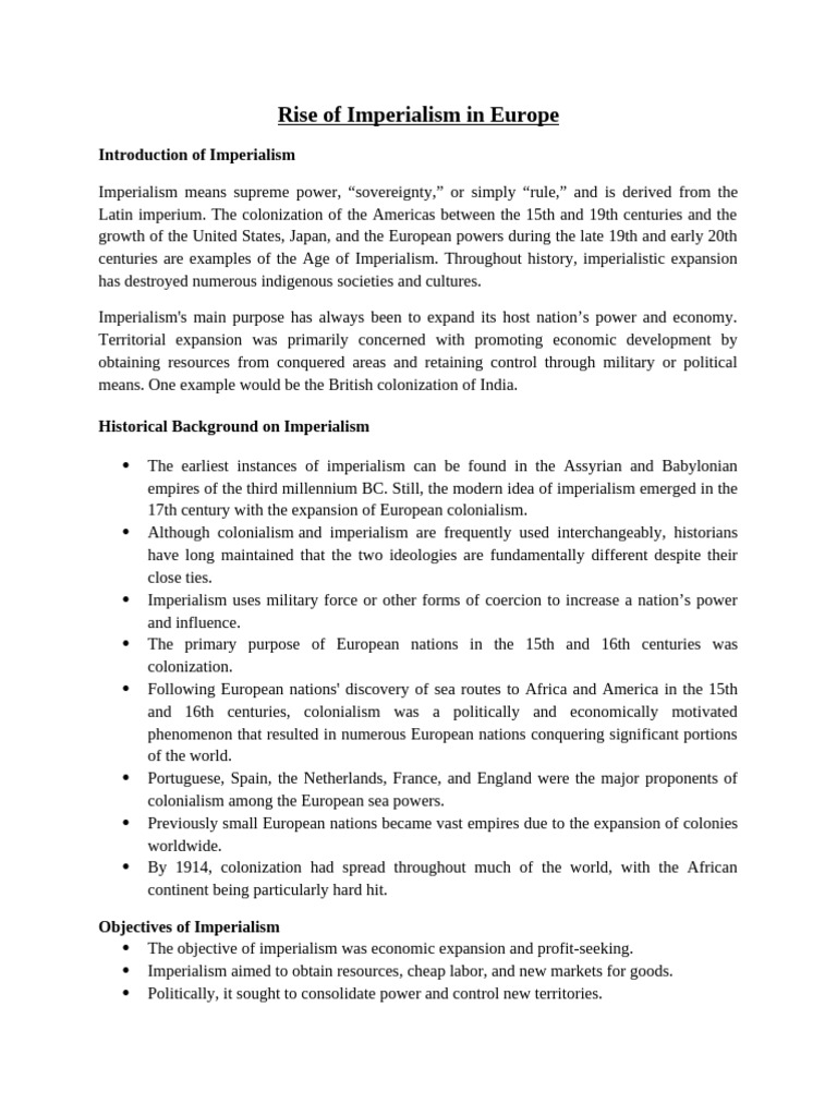 Rise of Imperialism in Europe | PDF | Imperialism | Colonialism