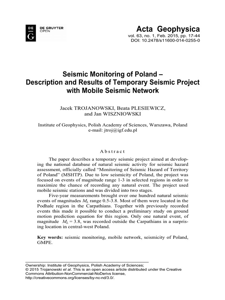 Seismic Monitoring of Poland - Description and Results of Temporary Seismic Project With Mobile ...