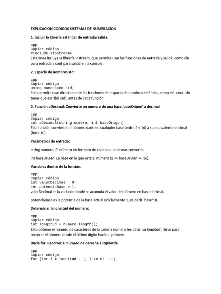 EXPLICACION CODIGOS SISTEMAS DE NUMERACION | PDF | C ++ | Informática