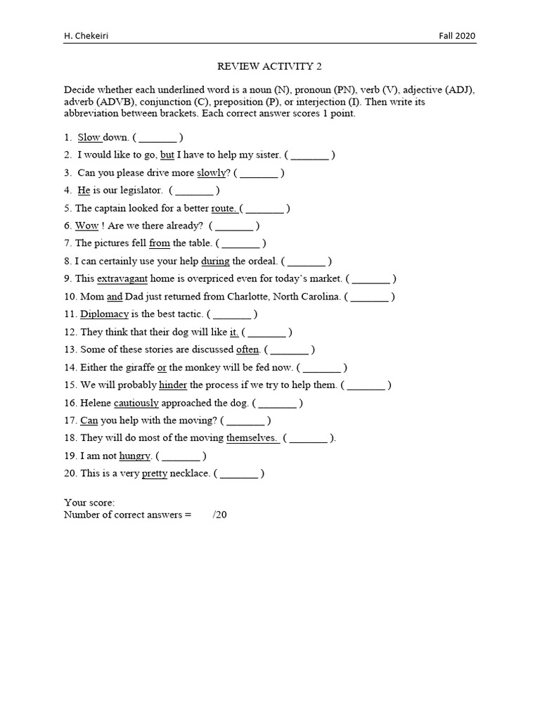 Parts of Speech Review Activity 2 | PDF