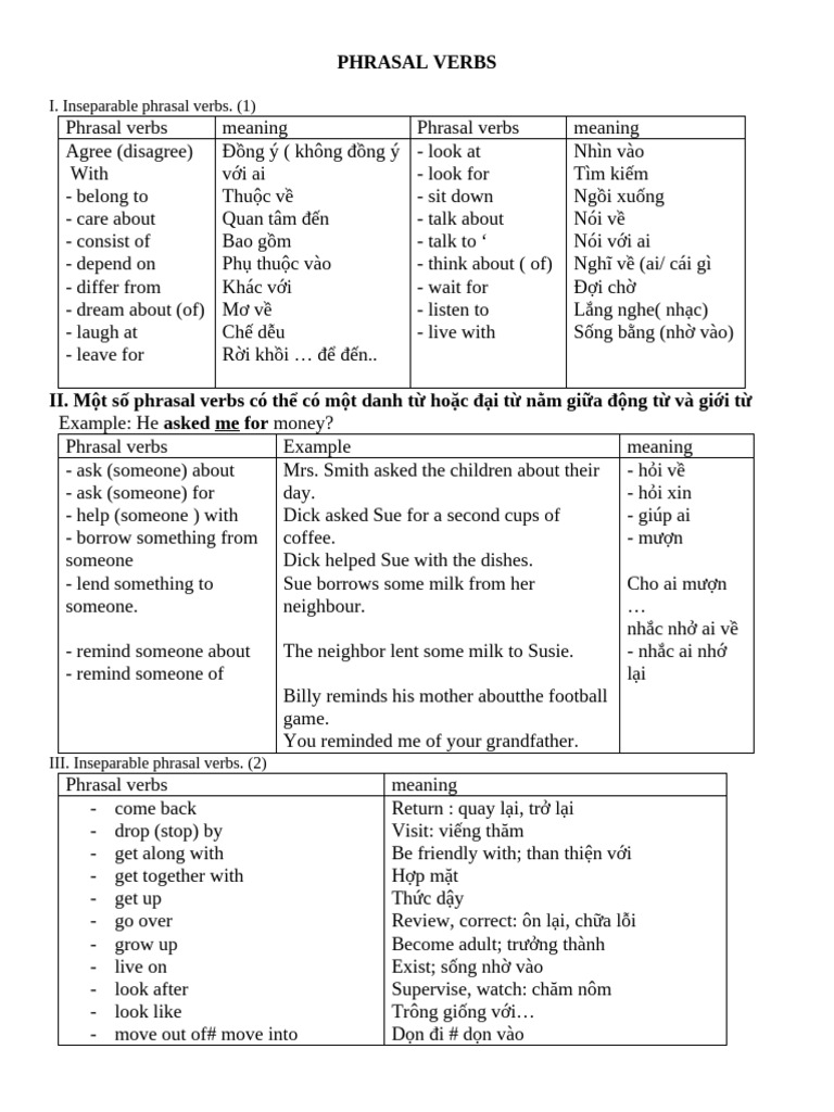 I. Inseparable Phrasal Verbs. | PDF