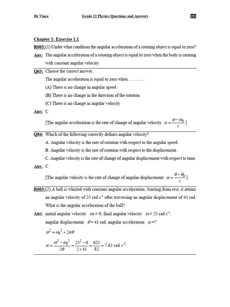 Grade 12 Physics Exercises Solutions | PDF | Acceleration | Velocity