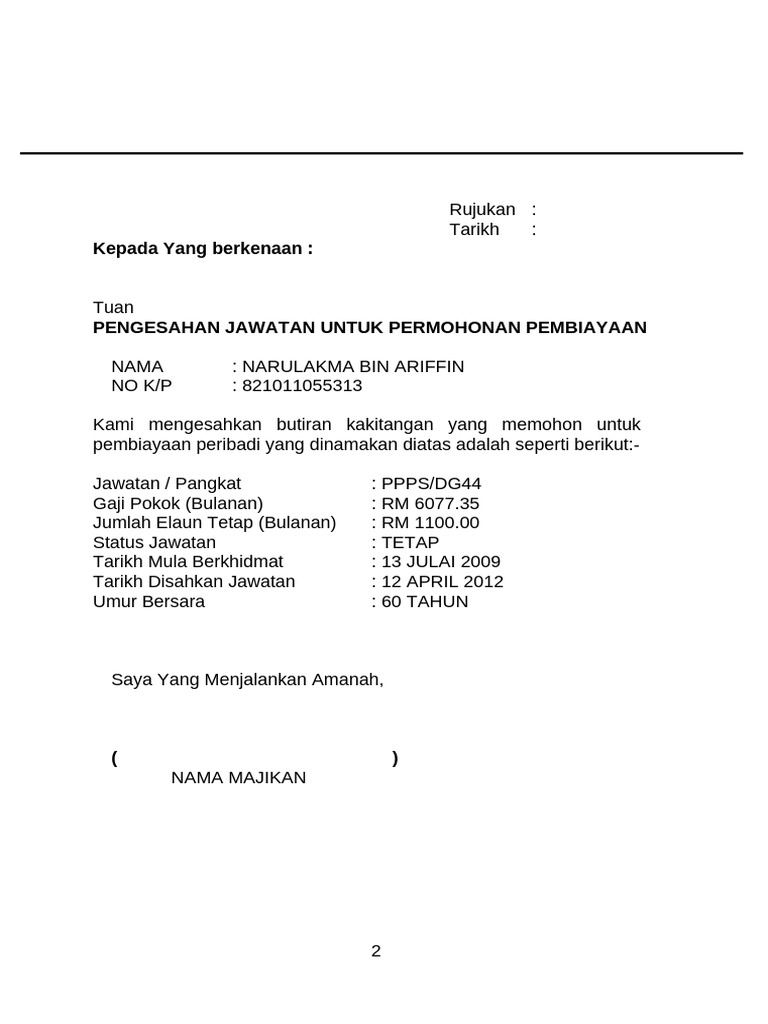Contoh Surat Pengesahan Jawatan | PDF