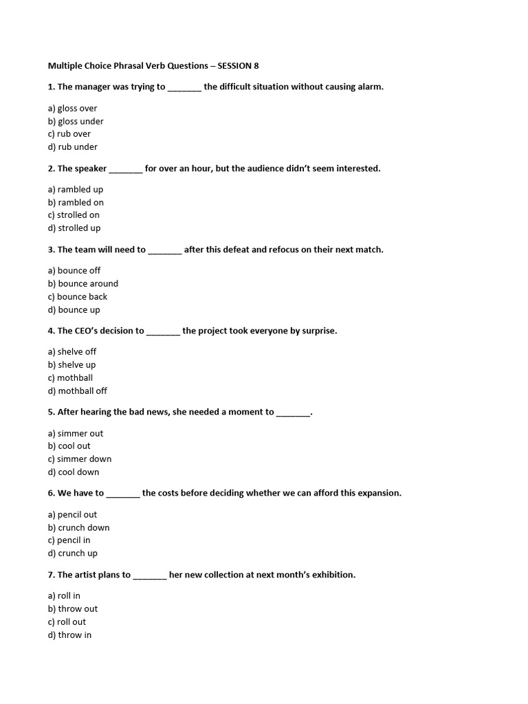 Multiple Choice Phrasal Verb Questions | PDF | Teaching Methods ...