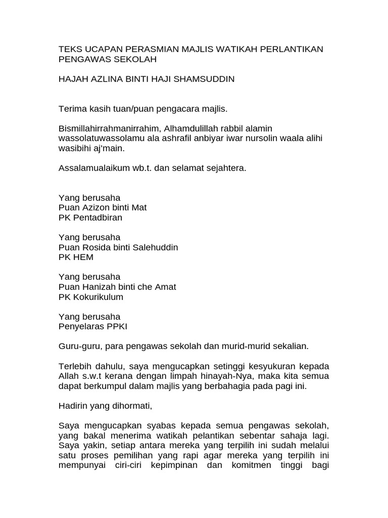 Teks - Ucapan - Perasmian - Watikah - Pengawas Laters | PDF