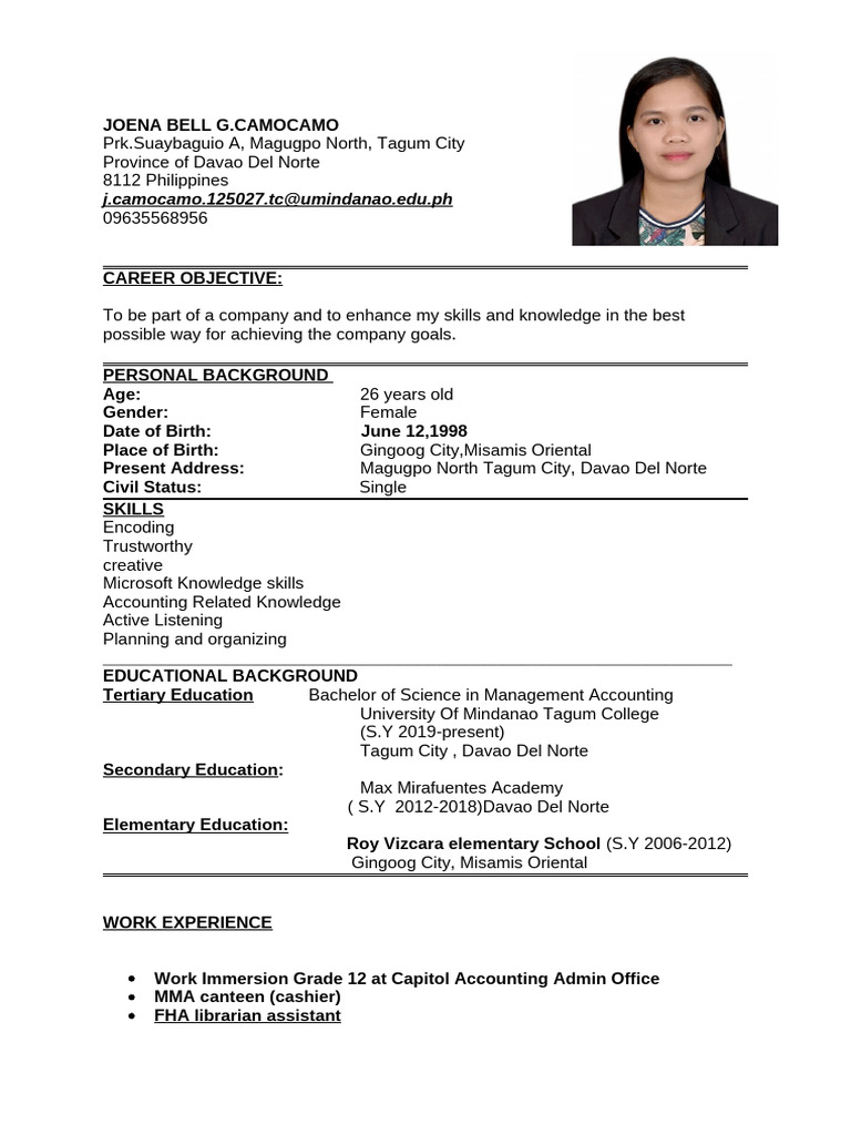CAMOCAMO,JOENA BELL RESUME | PDF