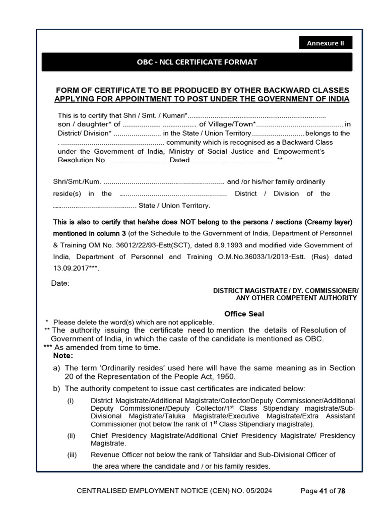 Central OBC NCL Certificate Format Railway | PDF | Politics Of India | Government Of India